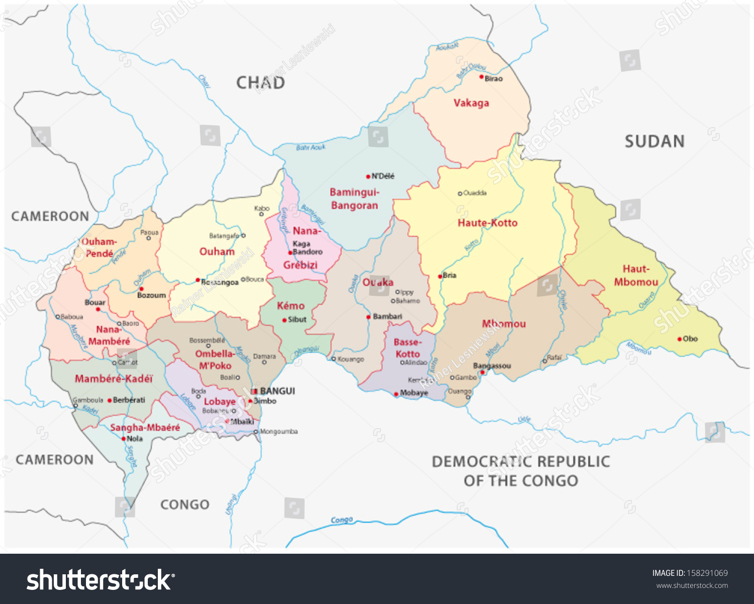 Central African Republic Administrative Map Stock Vector (Royalty Free ...