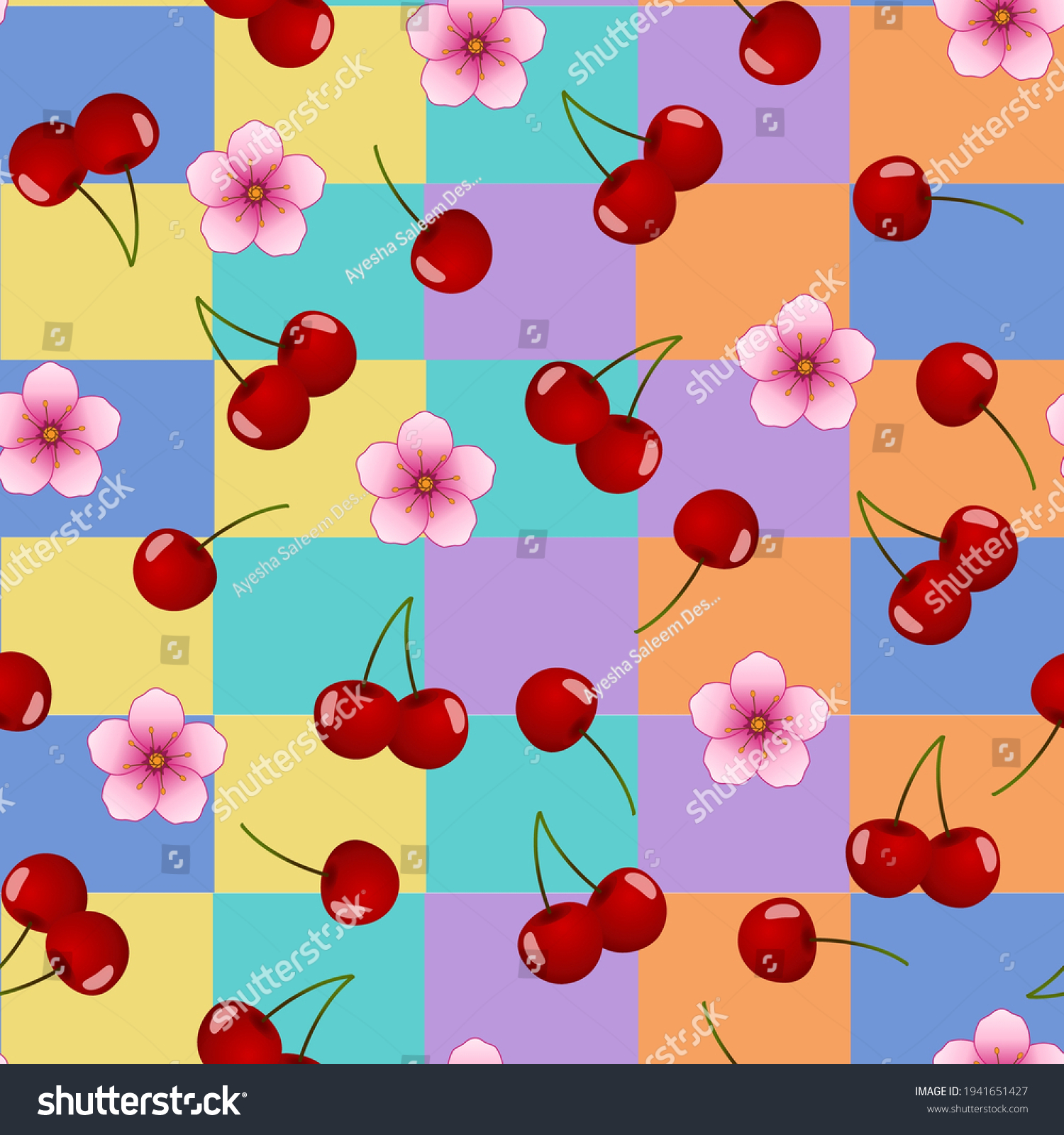 Cherry Flowers On Checkered Pattern Stock Vector (Royalty Free ...