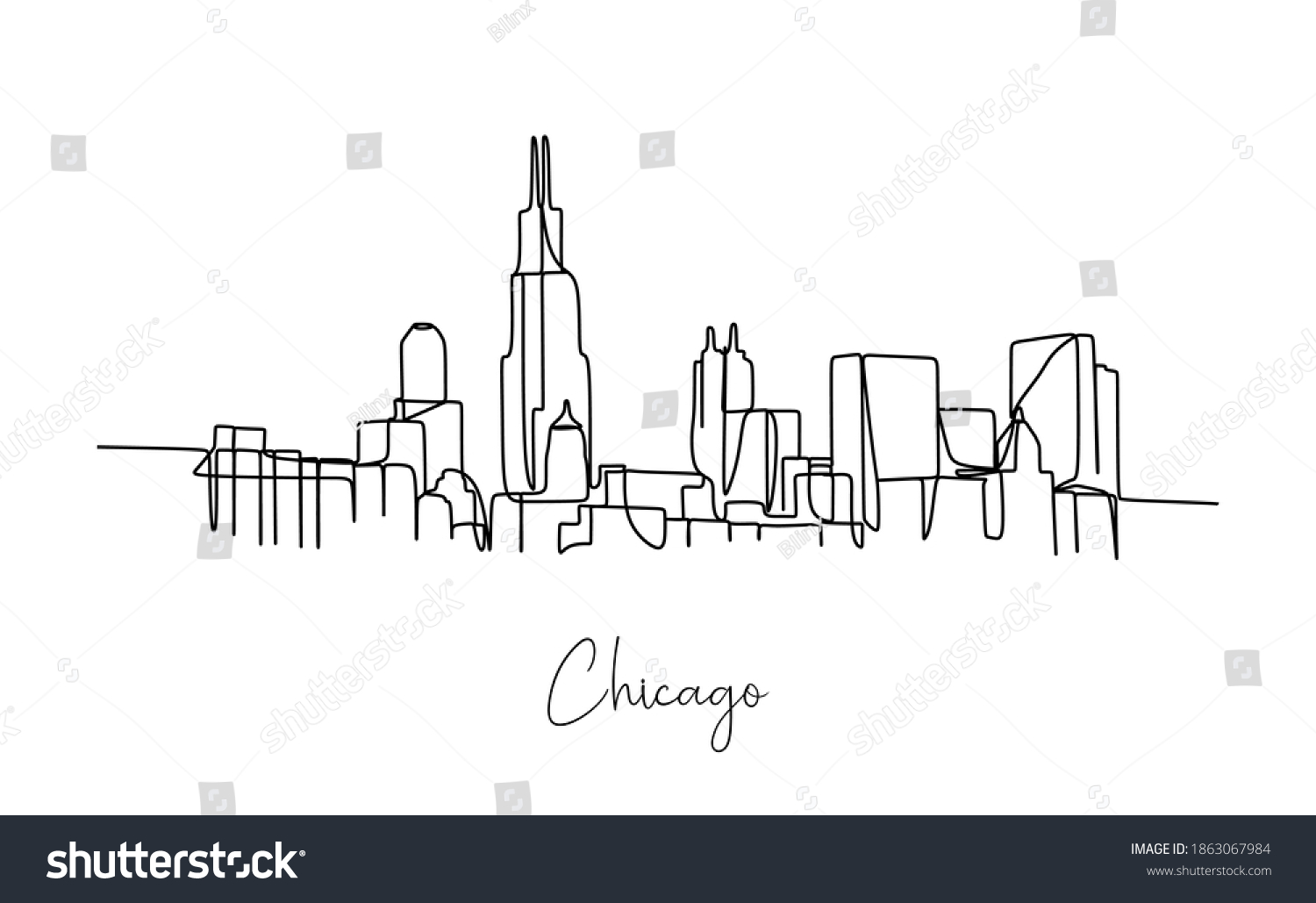 Chicago Skyline Continuous One Line Drawing: เวกเตอร์สต็อก (ปลอดค่า ...