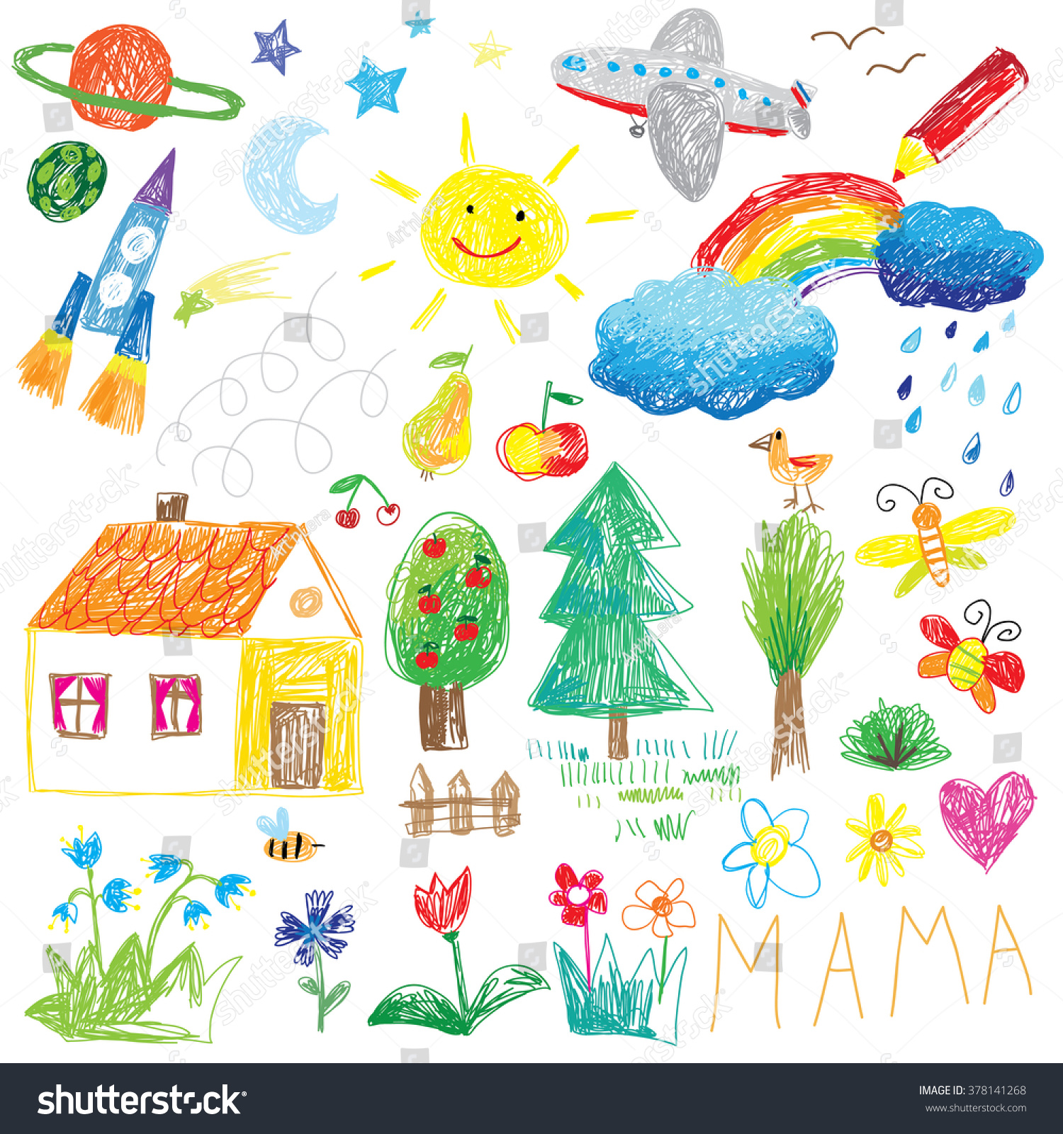 Child Drawing Doodle Set Stock Vector 378141268 : Shutterstock