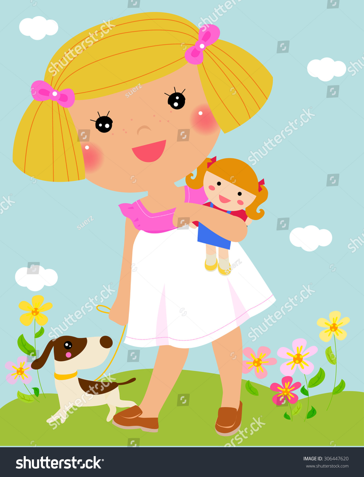 래그 인형 안고 있는 아이 스톡 벡터(로열티 프리) 306447620