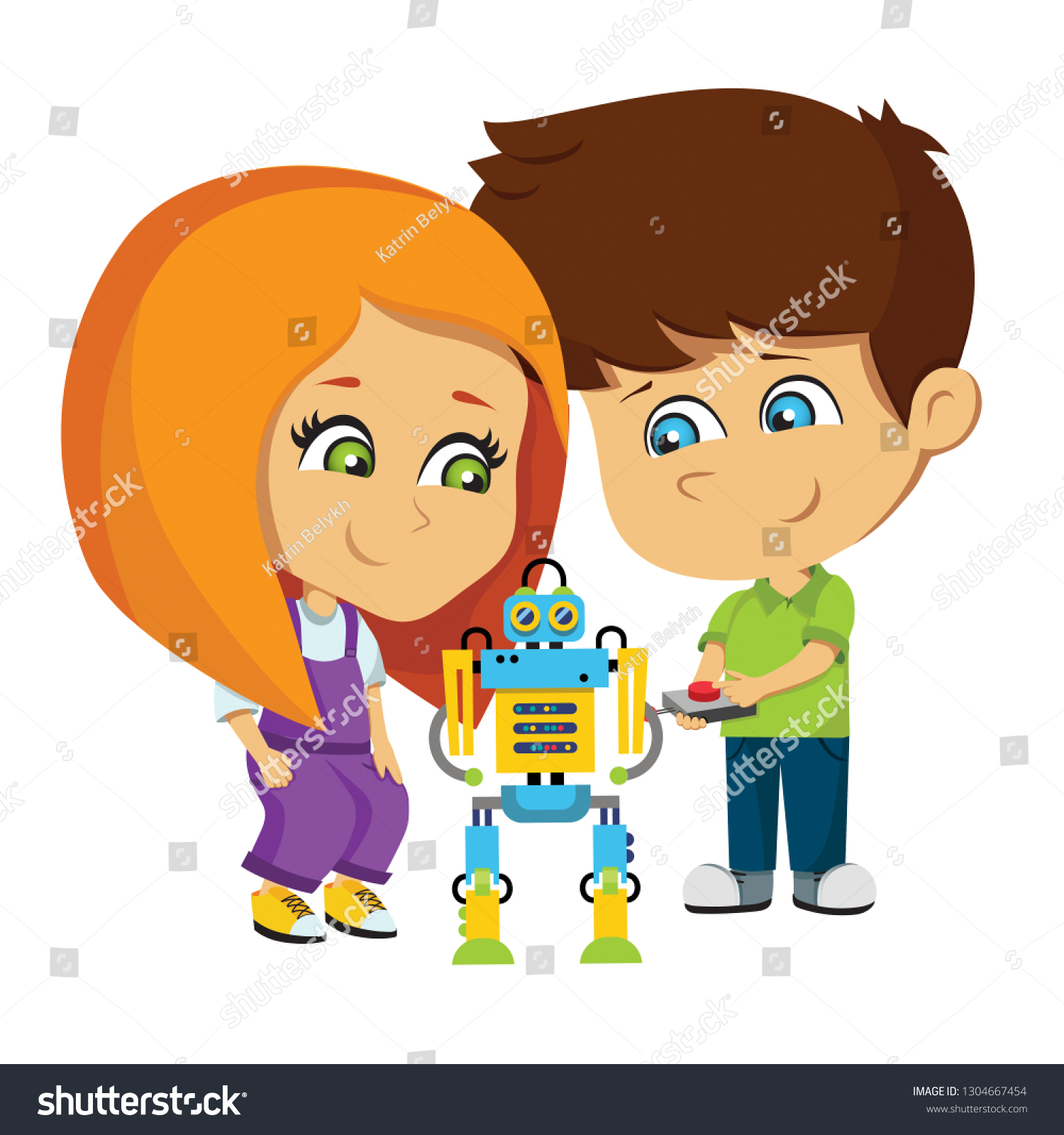 Children Testing Robot Stock Vector (Royalty Free) 1304667454