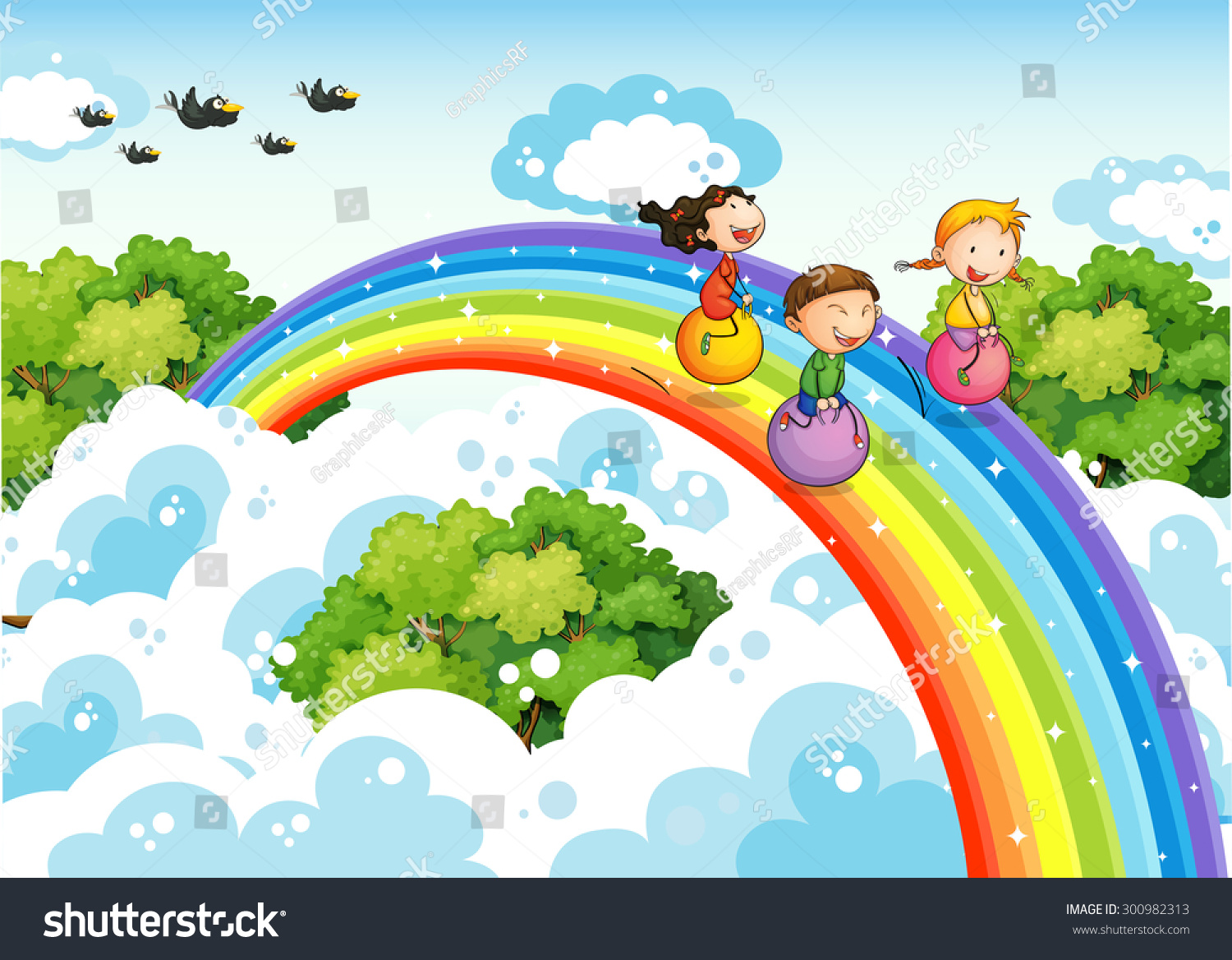 Vektor Stok Children Bouncing Ball Over Rainbow (Tanpa Royalti ...