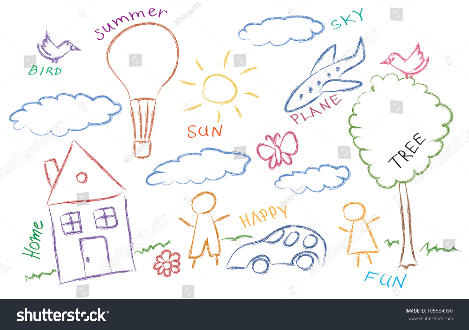 Children Drawing Multicolored Symbols Vector Set : image vectorielle de ...