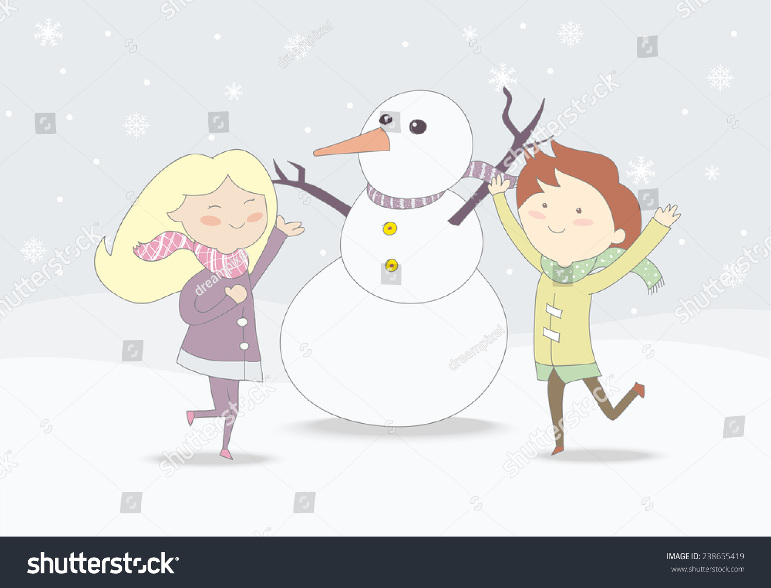 Children Playing Snowman During Snowfall Stock Vector (Royalty Free ...