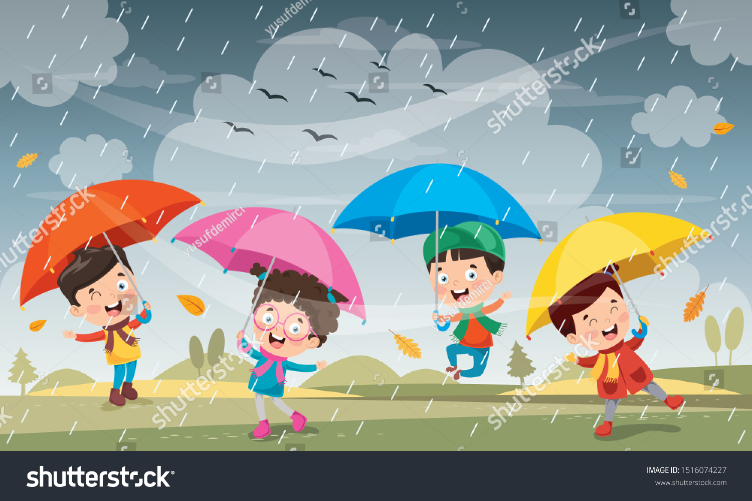 Children Using Umbrella Under Rain: vetor stock (livre de direitos ...