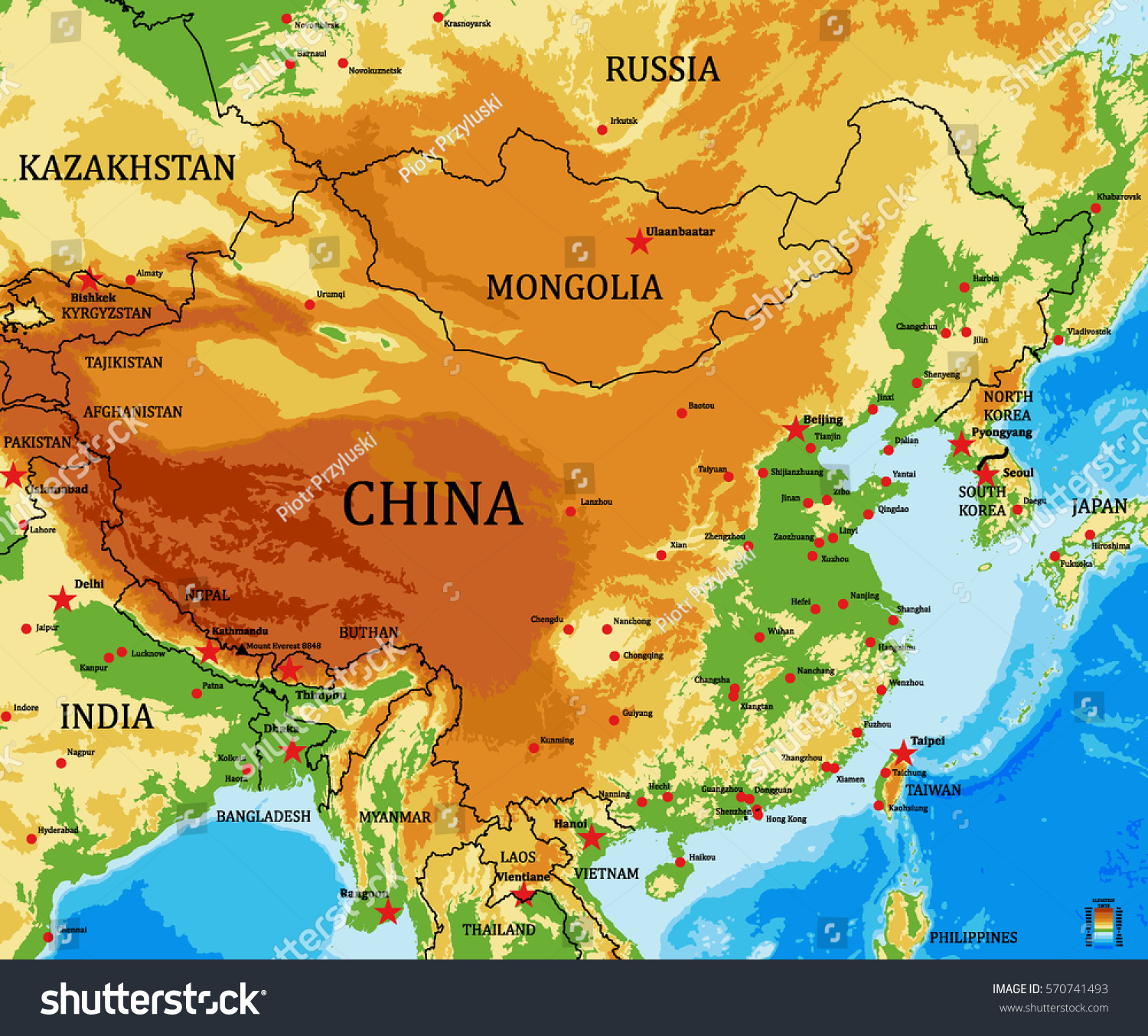 Vektor Stok China Physical Vector Map Main Cities (Tanpa Royalti ...