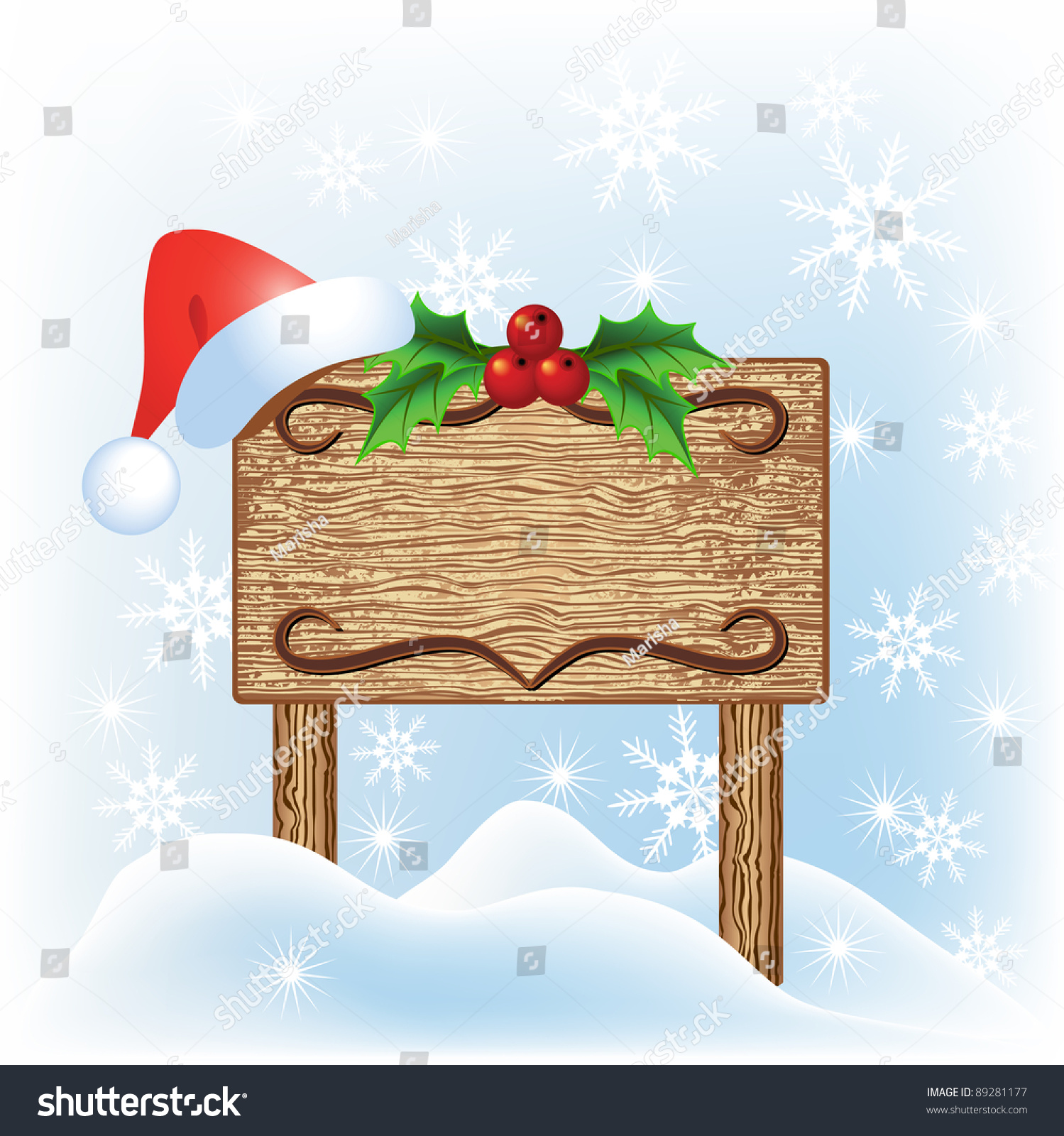 Christmas Wooden Signboard With Santa Hat And Holly Berries Stock