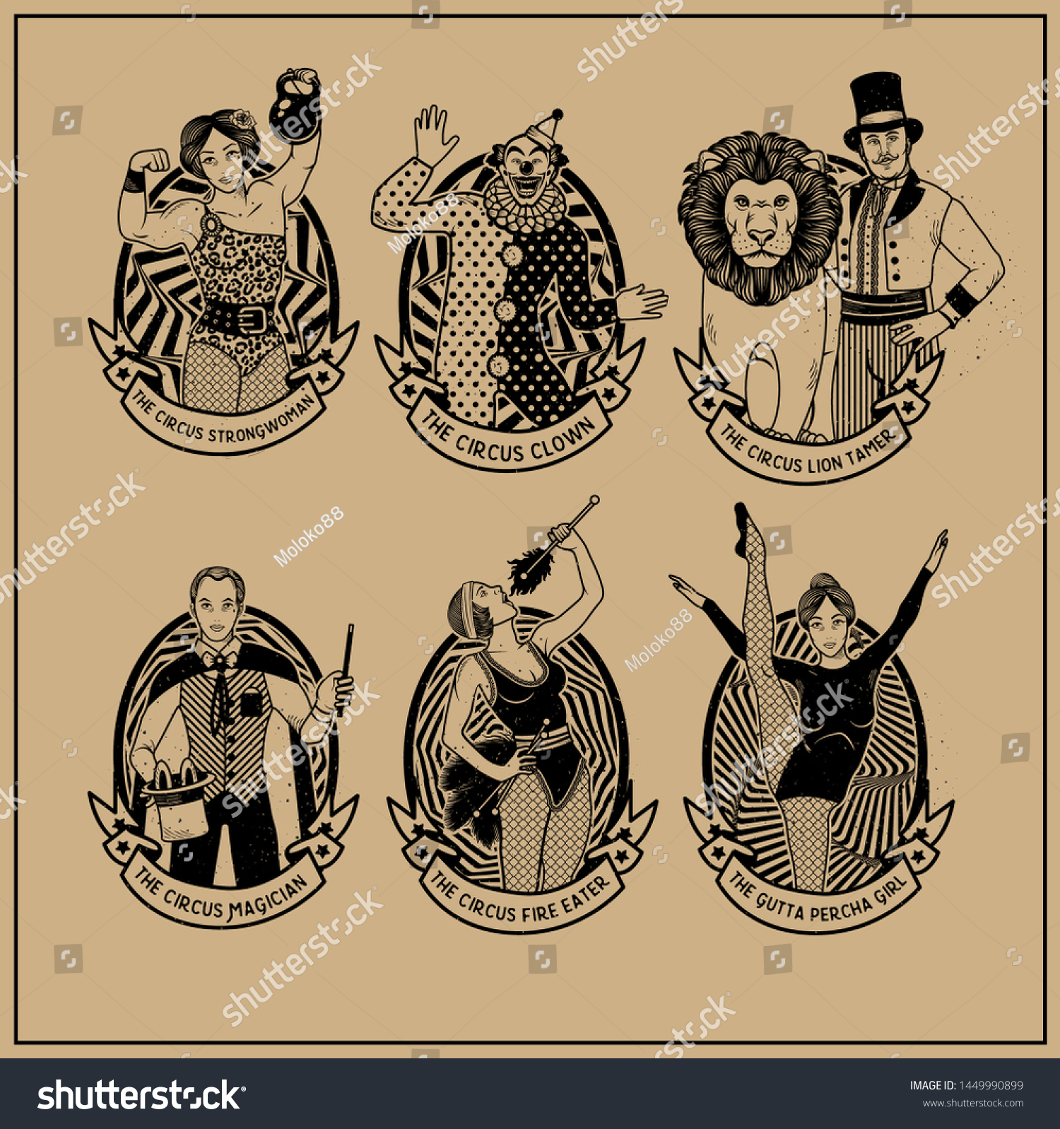 Circus Vintage Collection Lion Tamer Clown Stock Vector Royalty Free
