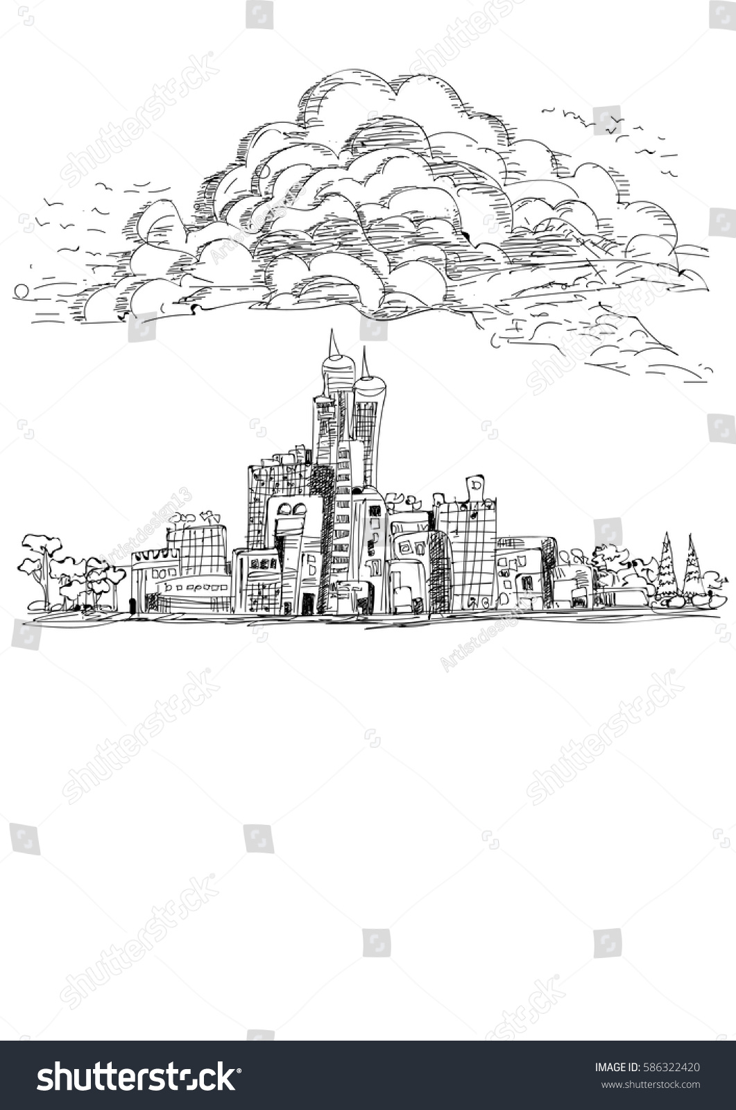 Cityscape Sketch Vector Illustration: เวกเตอร์สต็อก (ปลอดค่าลิขสิทธิ์ ...