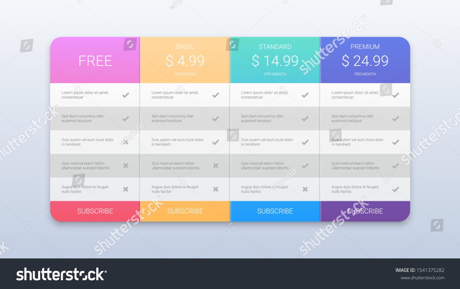 Clean Pricing Table Four Options Stock Vector (Royalty Free) 1541375282 | Shutterstock