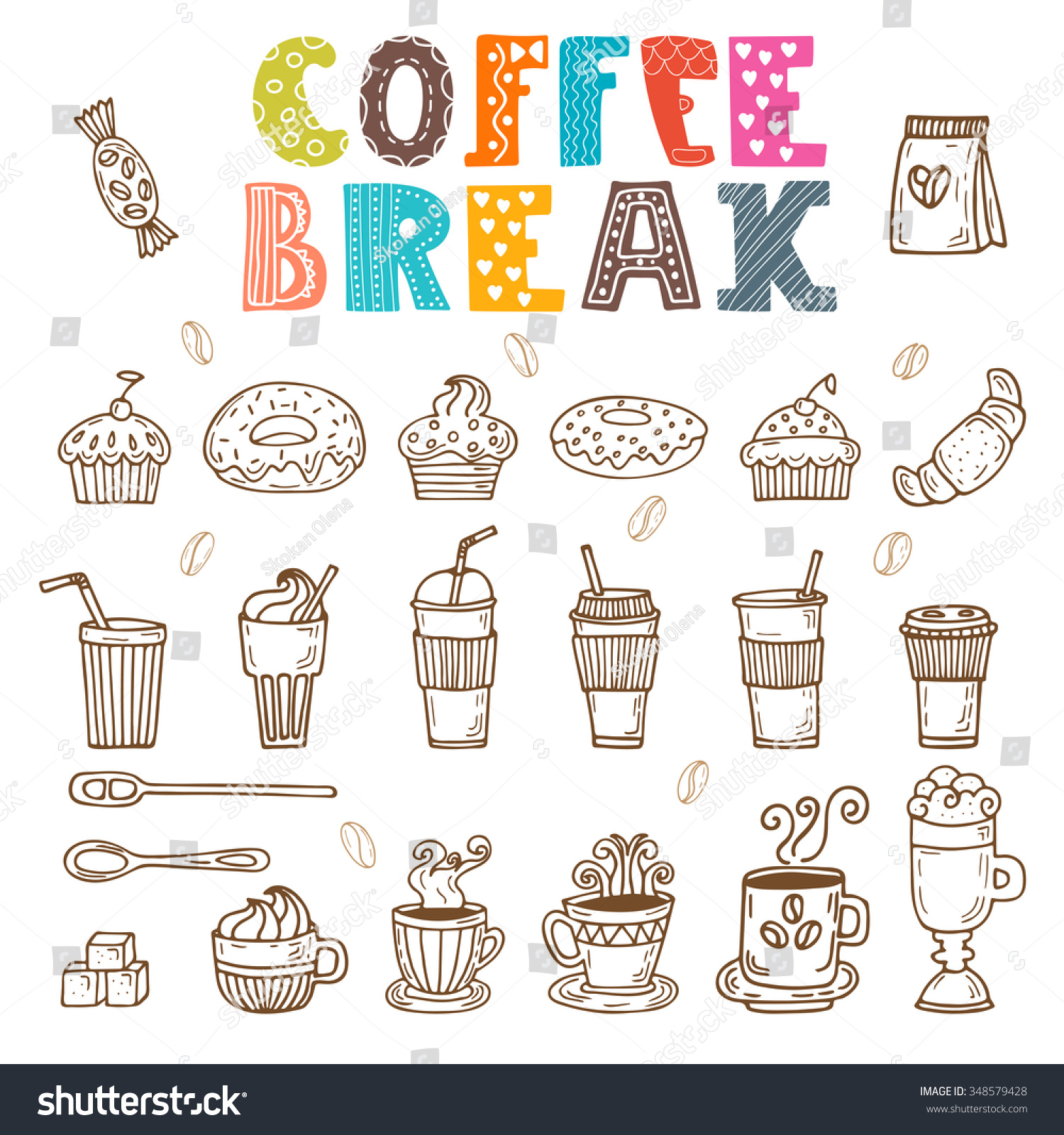 Coffee Break Vector Doodle Set Hand Stock Vector (Royalty Free ...
