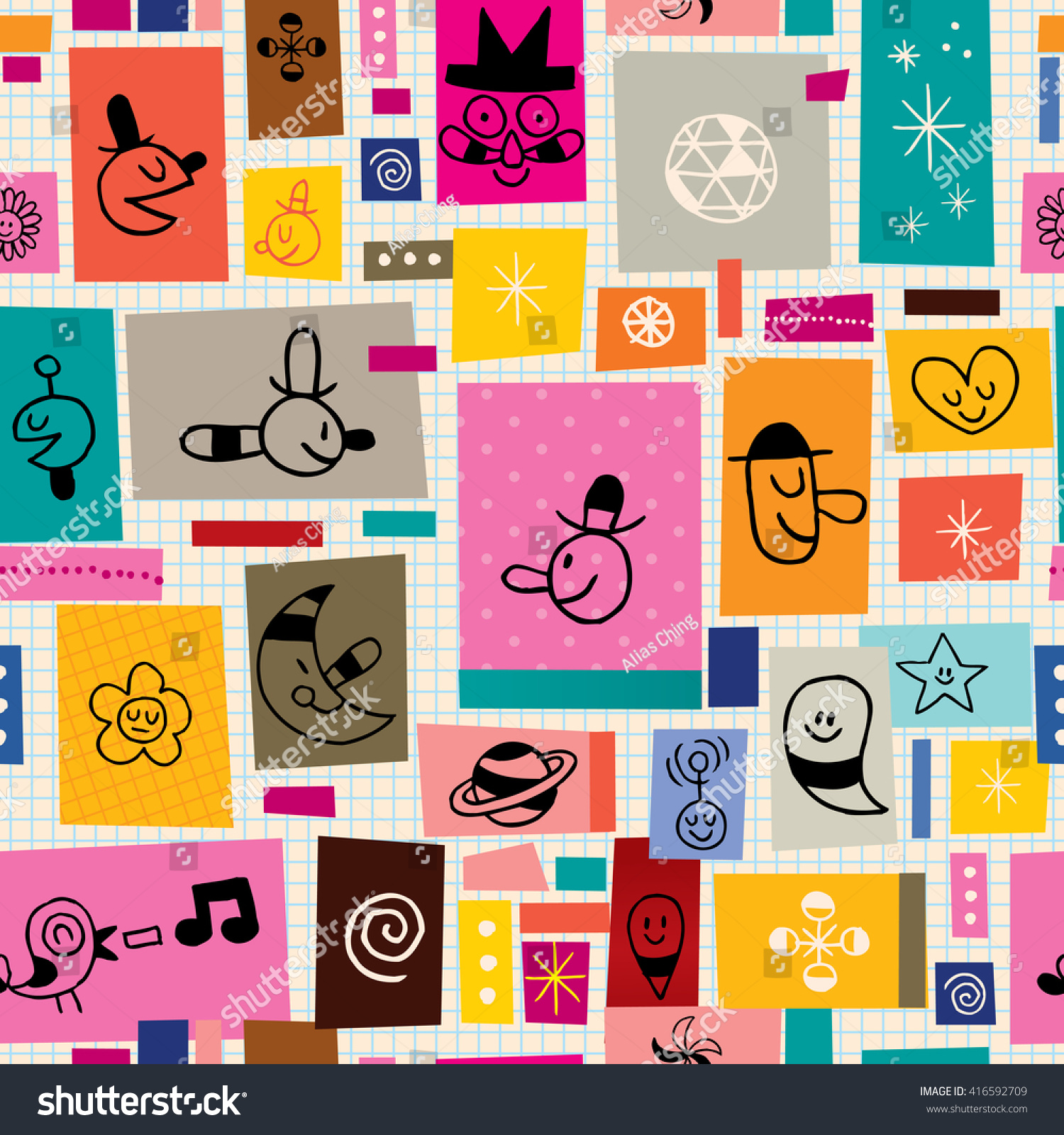 Collage Cartoon Characters Doodle Seamless Pattern Stock Vector ...