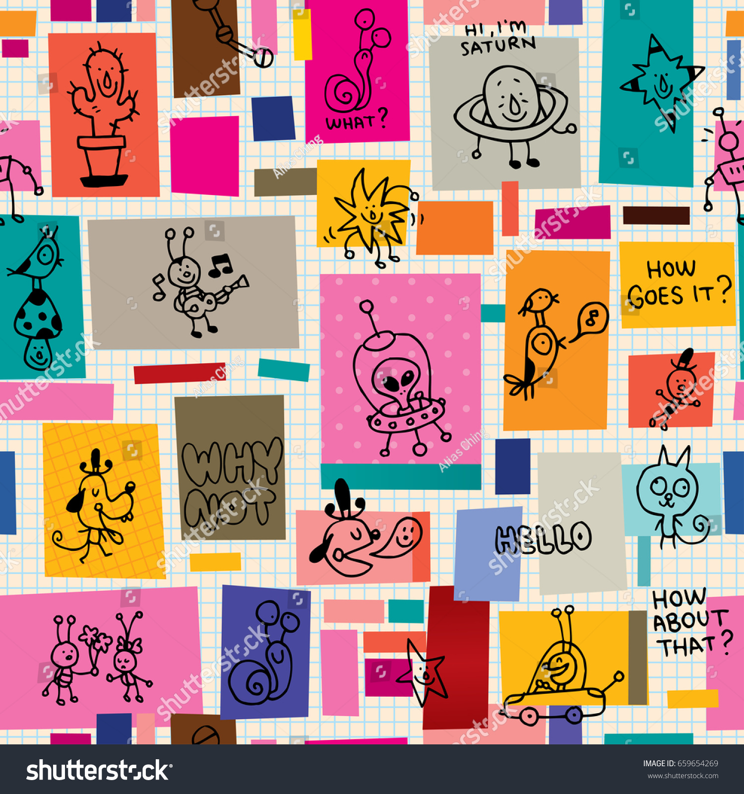 Collage Cartoon Characters Doodle Seamless Pattern Stock Vector ...