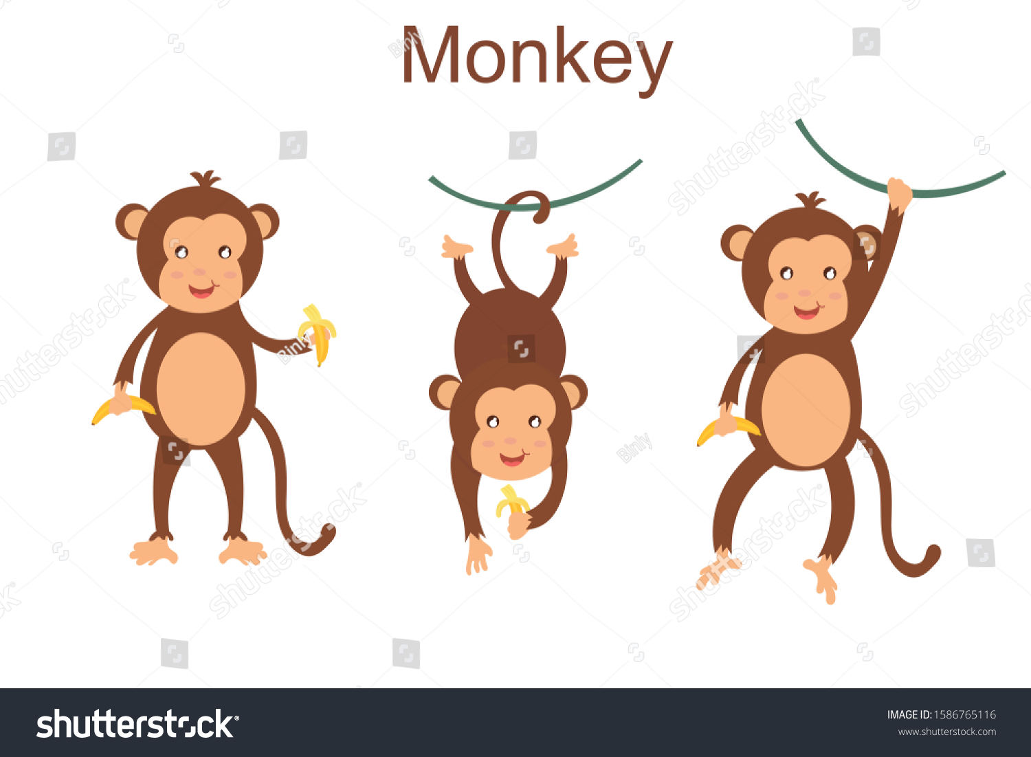 Vektor Stok Collection Cute Little Monkeys Vector Characters (Tanpa ...
