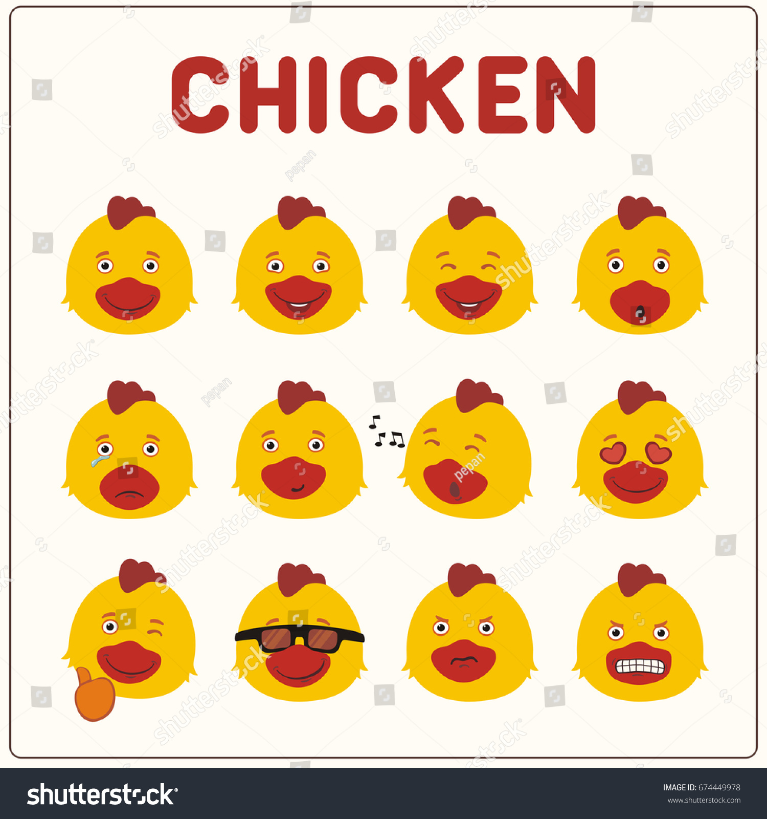 Collection Isolated Funny Muzzle Chicken Different Stock Vector ...