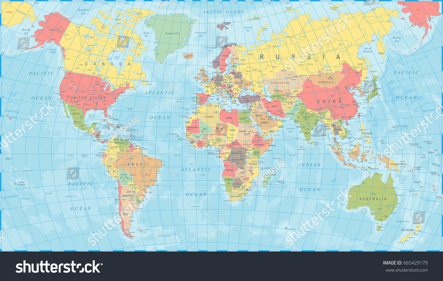 Mapa del mundo de colores -: vector de stock (libre de regalías) 665429179