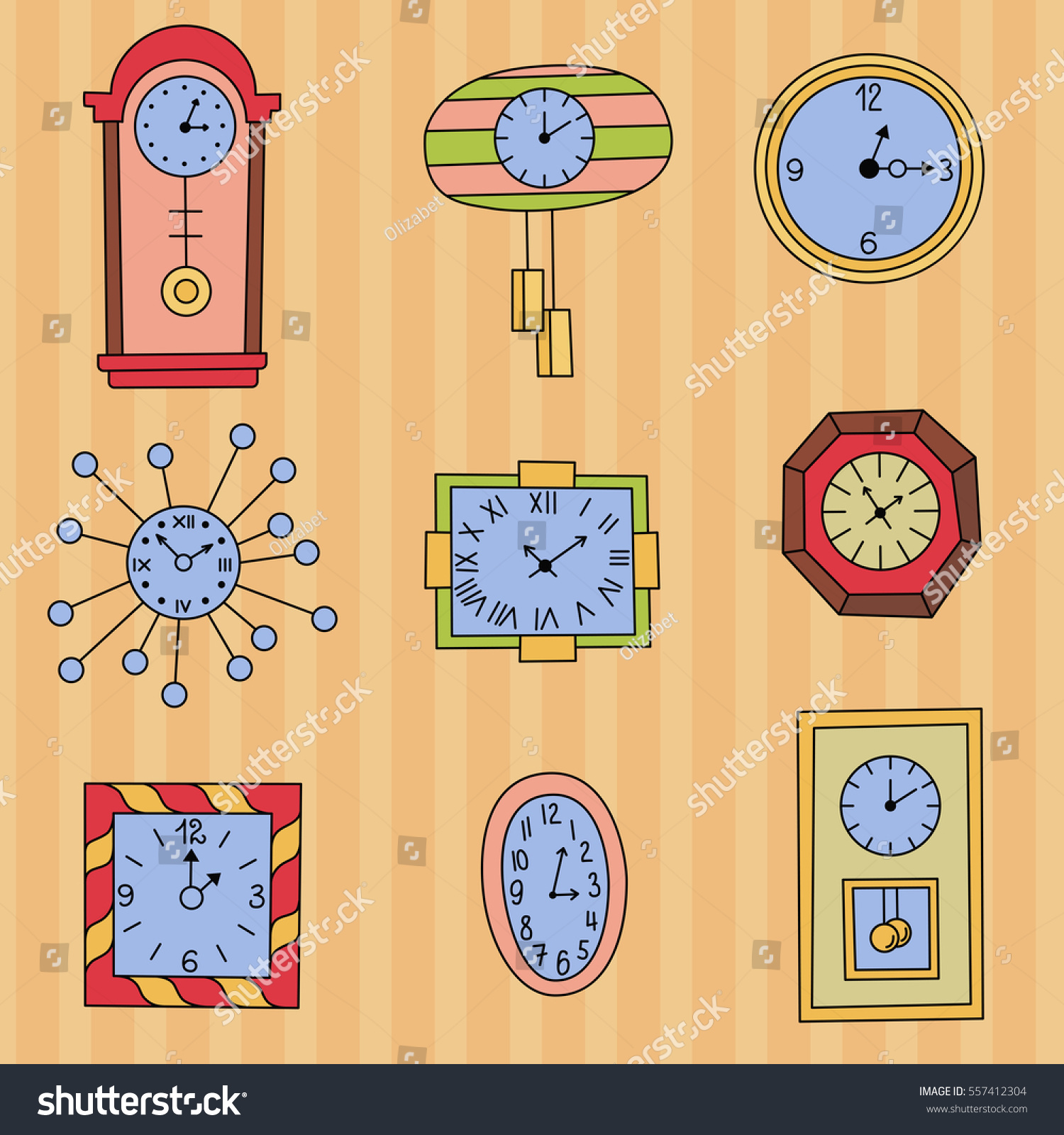 Colorful Wall Clock Doodles Cute Vector Stock Vector (Royalty Free ...