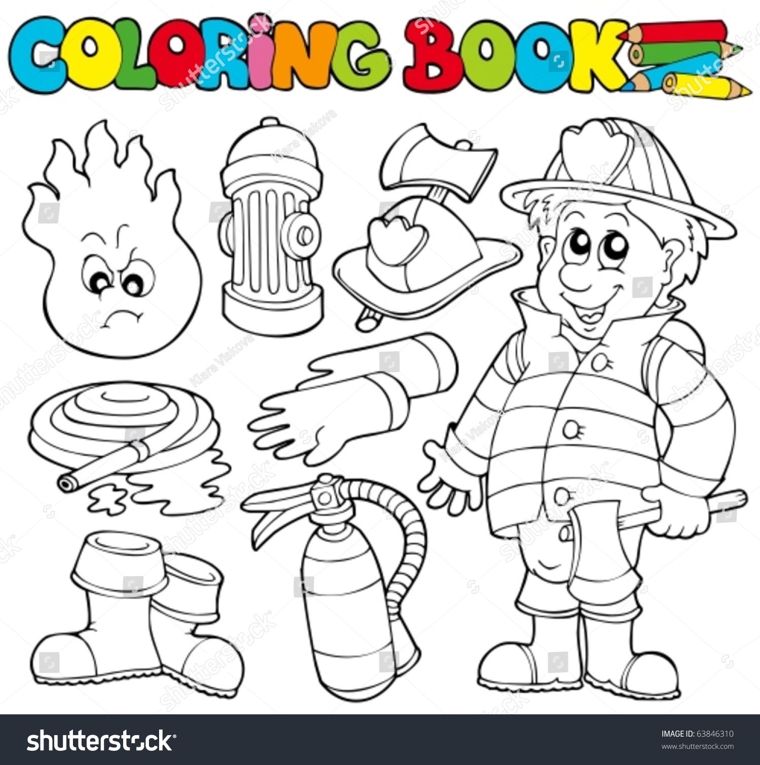 Coloring Book Firefighter Collection Vector Illustration: เวกเตอร์สต็อก ...