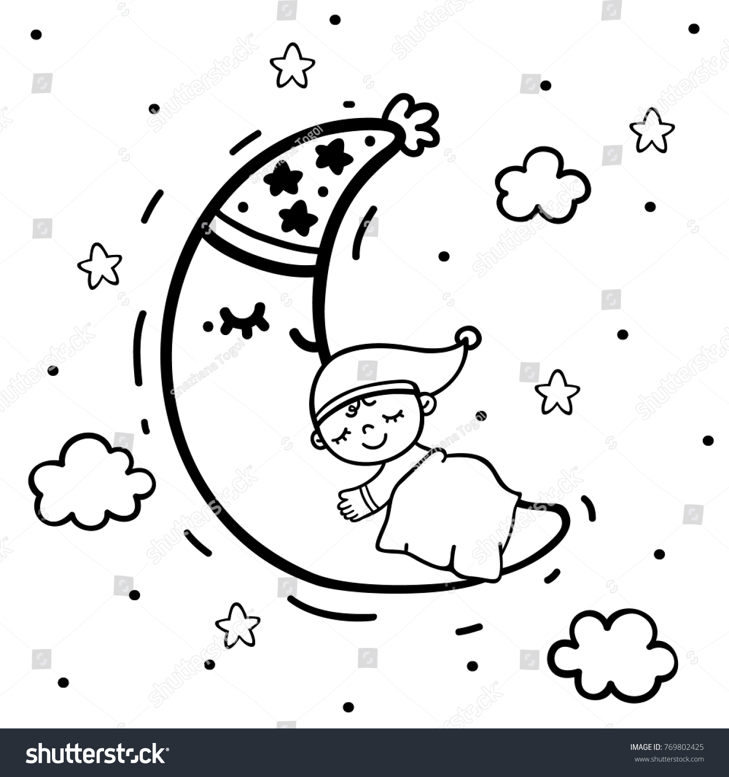 Coloring Cute Baby Sleeping On Moon Stock Vector (Royalty Free ...