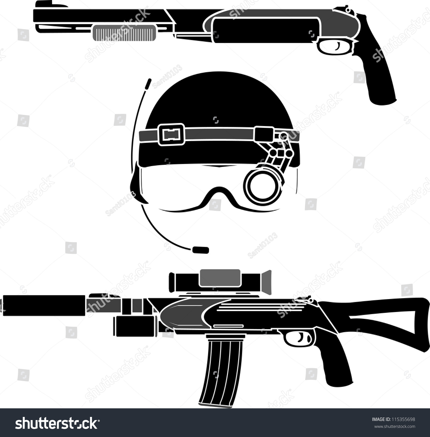 Combat Helmet Weapons Stencil Vector Illustration Stock Vector (Royalty ...
