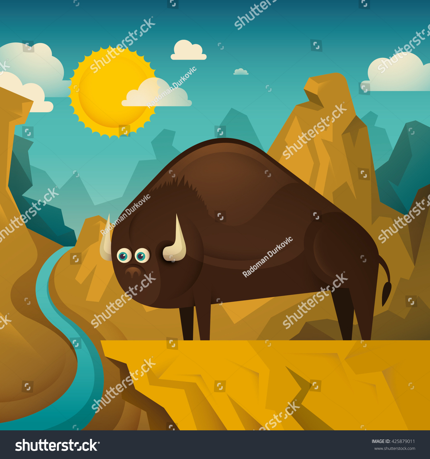 Comic Bison Standing On Cliff Vector Stock Vector (Royalty Free) 425879011