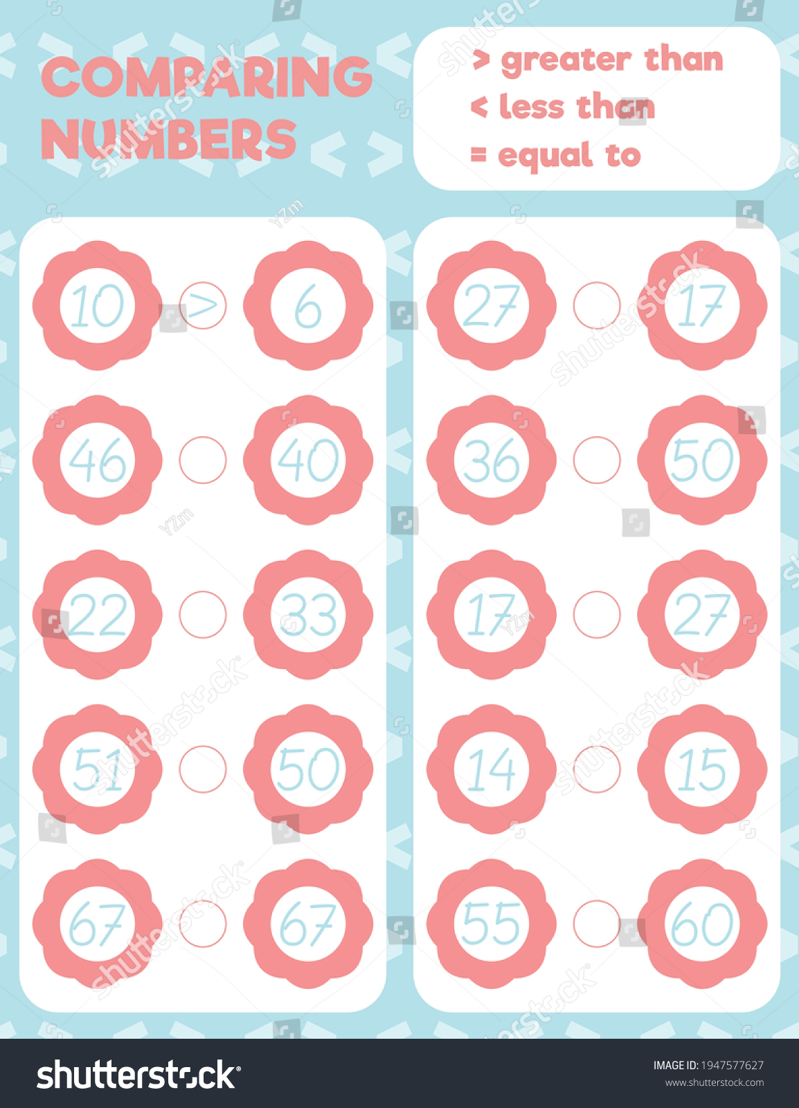 Comparing Numbers Worksheet Practice Print Sheet Stock Vector (Royalty ...