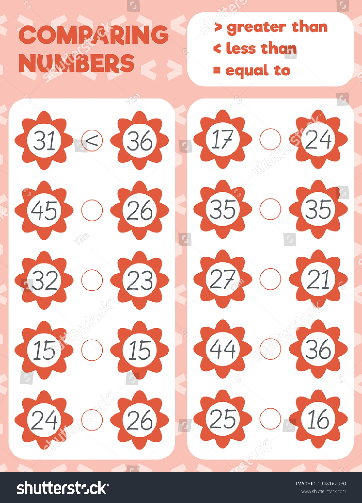 Comparing Numbers Worksheet Practice Print Sheet Stock Vector (Royalty ...