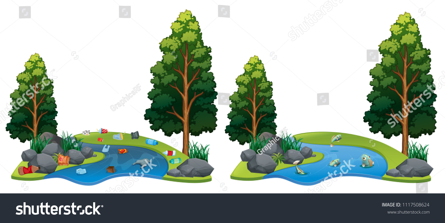 Vektor Stok Comparison Between Dirty Clean River Side (Tanpa Royalti ...