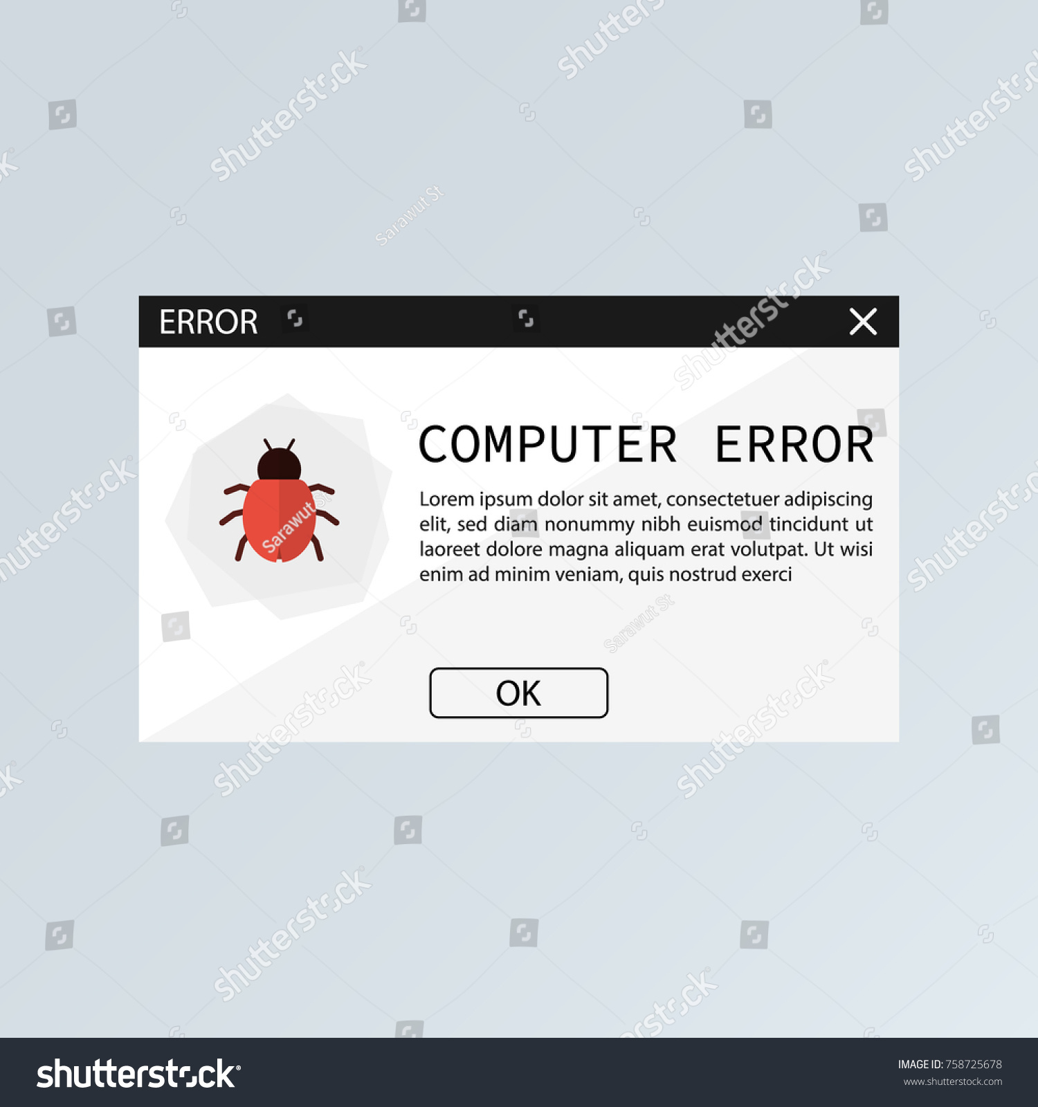 Computer Bug Error Notification Popup Vector Stock Vector Royalty Free 758725678