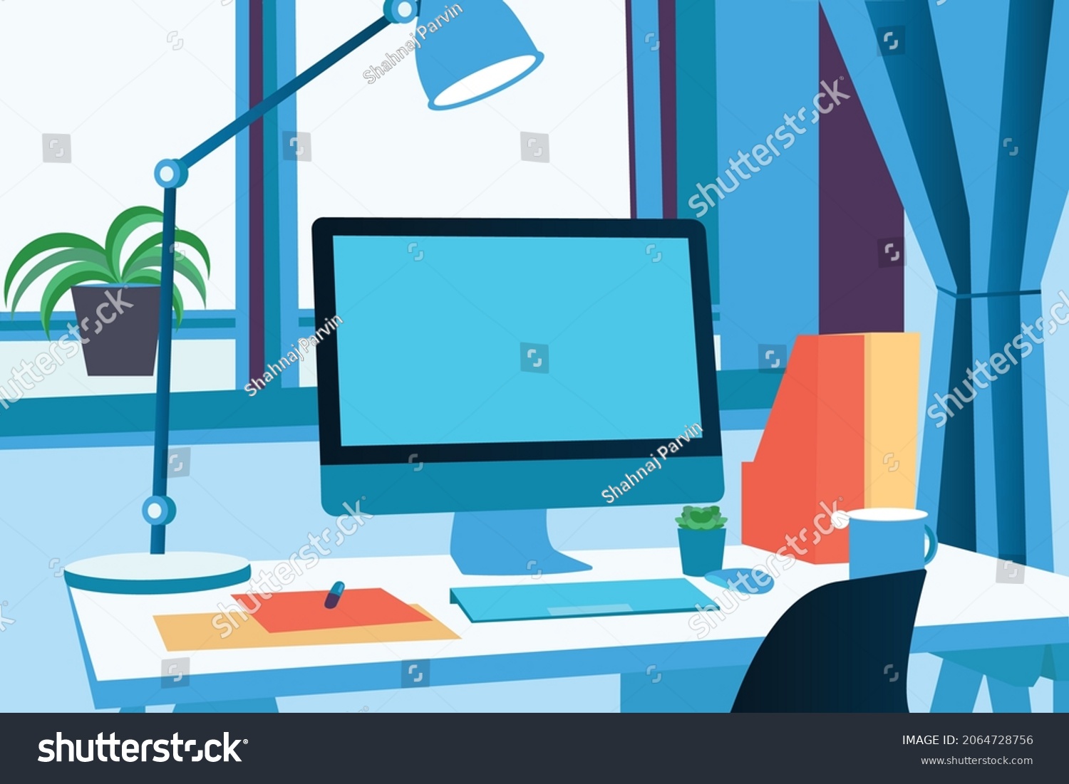 Computer Desk Office Background Flat Illustration Stock Vector (Royalty ...