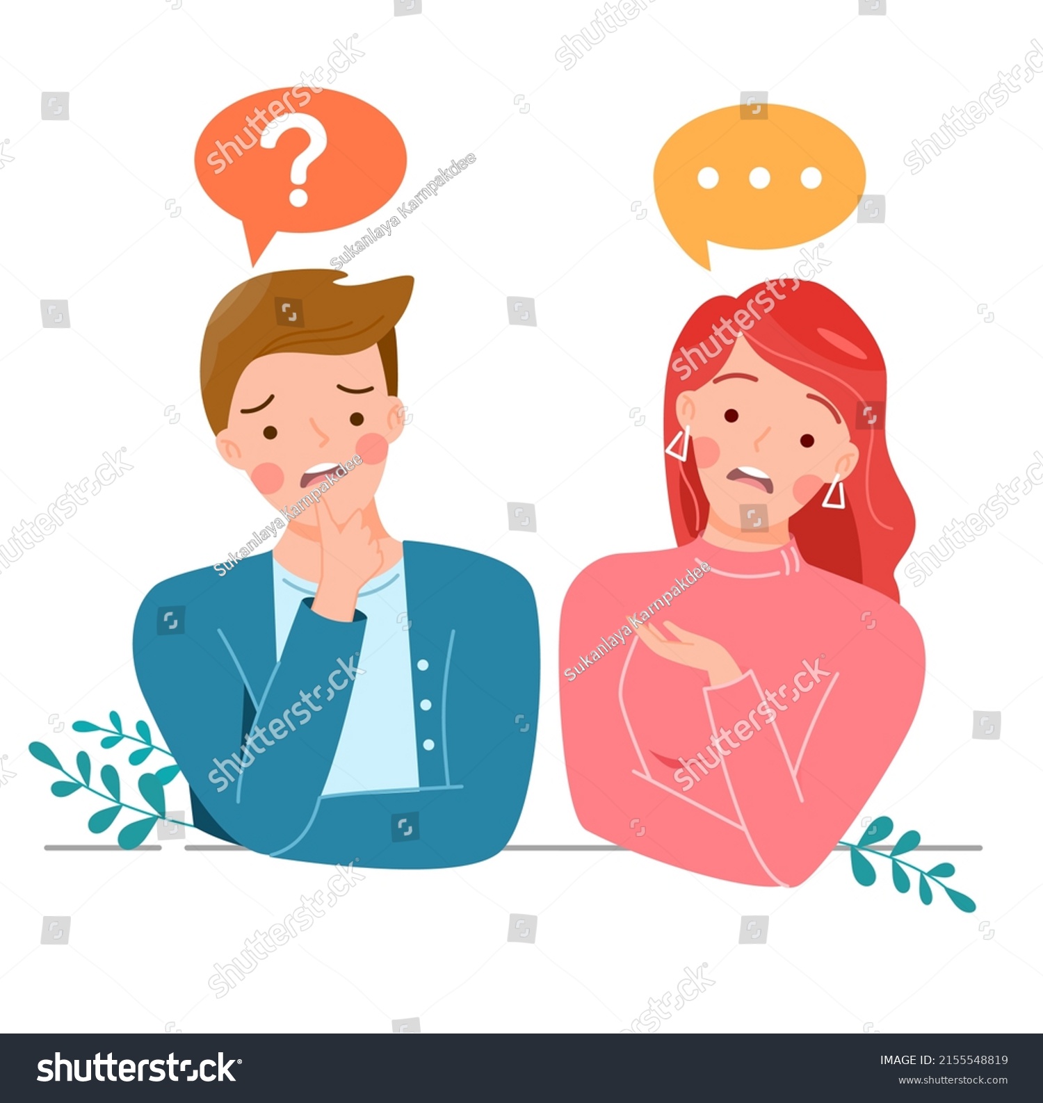 Confused Man Woman Couple Discussing Thinking Stock Vector Royalty