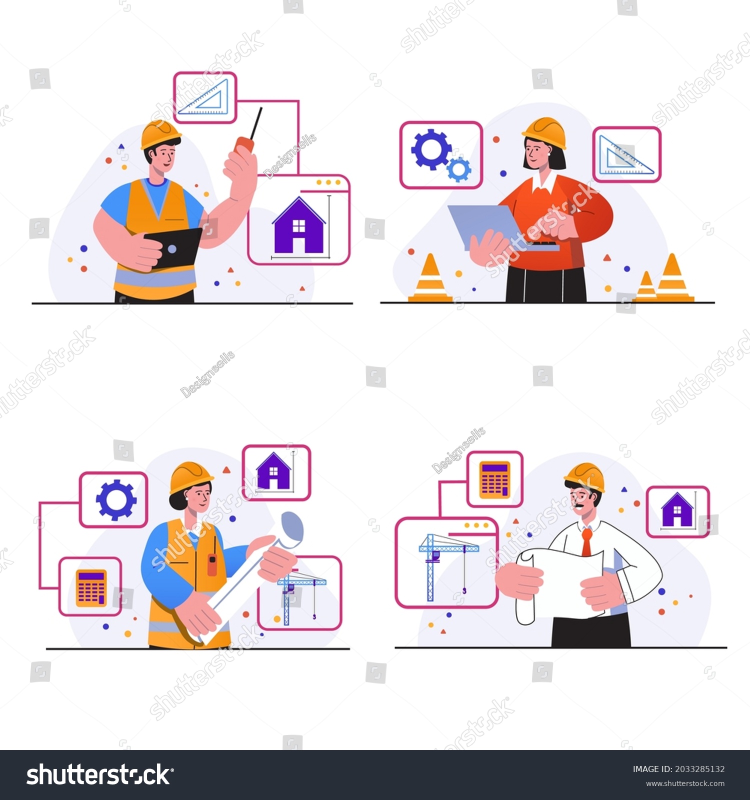 Construction Engineer Concept Scenes Set People Stock Vector (Royalty ...