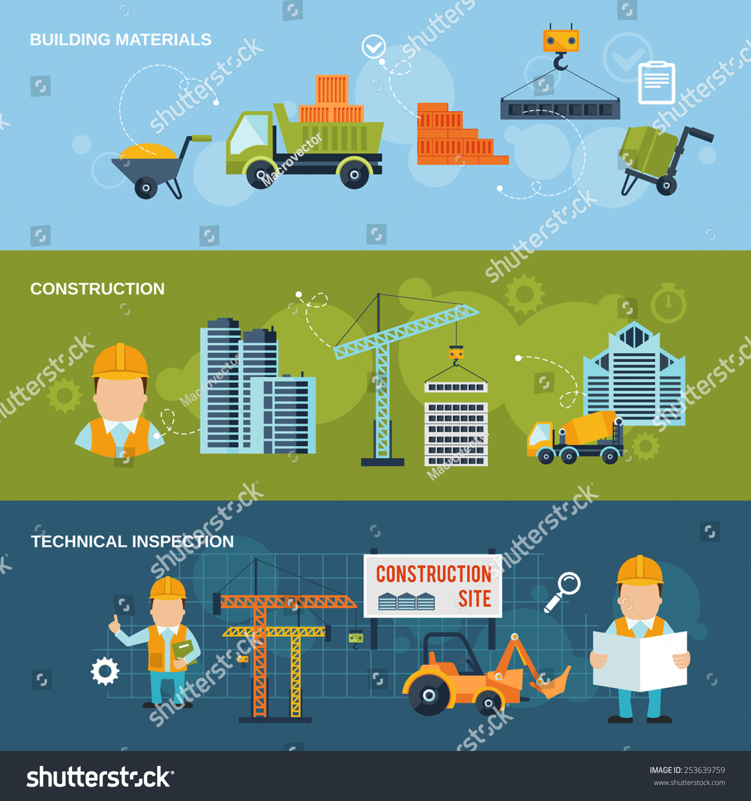 Construction Horizontal Banners Set Building Materials Stock Vector ...