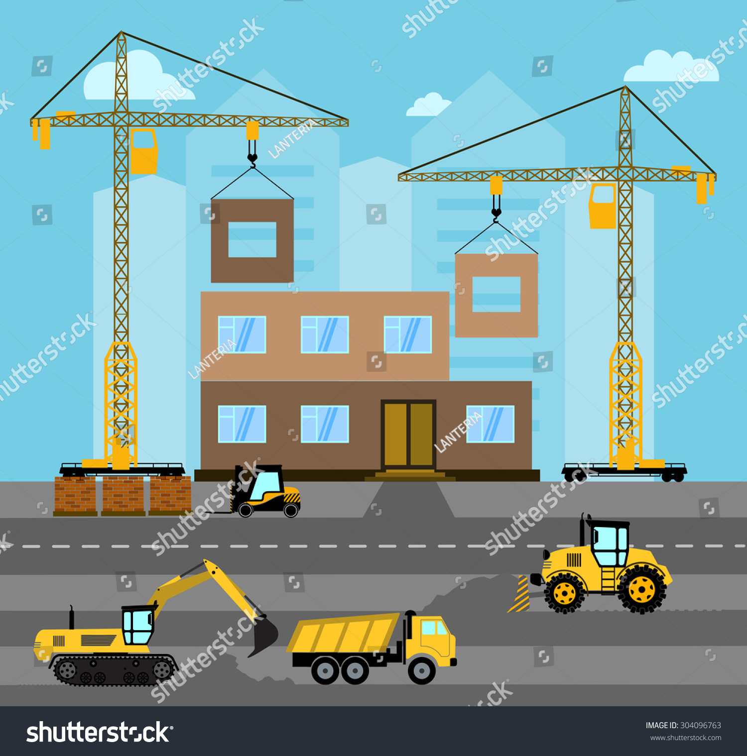 Construction Process Buildingindustrial Landscape Vector Flat Stock ...