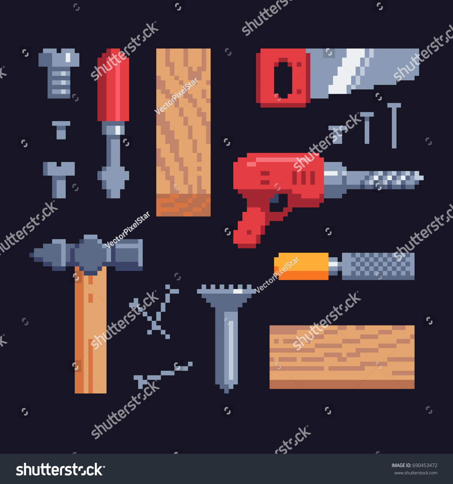 Construction Tools Pixel Art Icons Set Stock Vector (Royalty Free ...