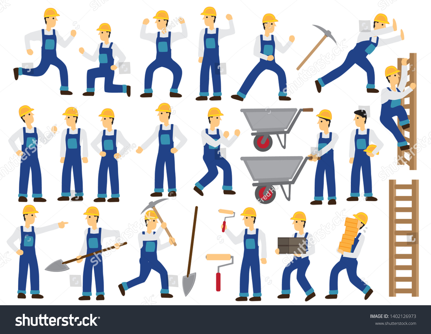 Construction Worker Character Different Action Poses Stock Vector ...