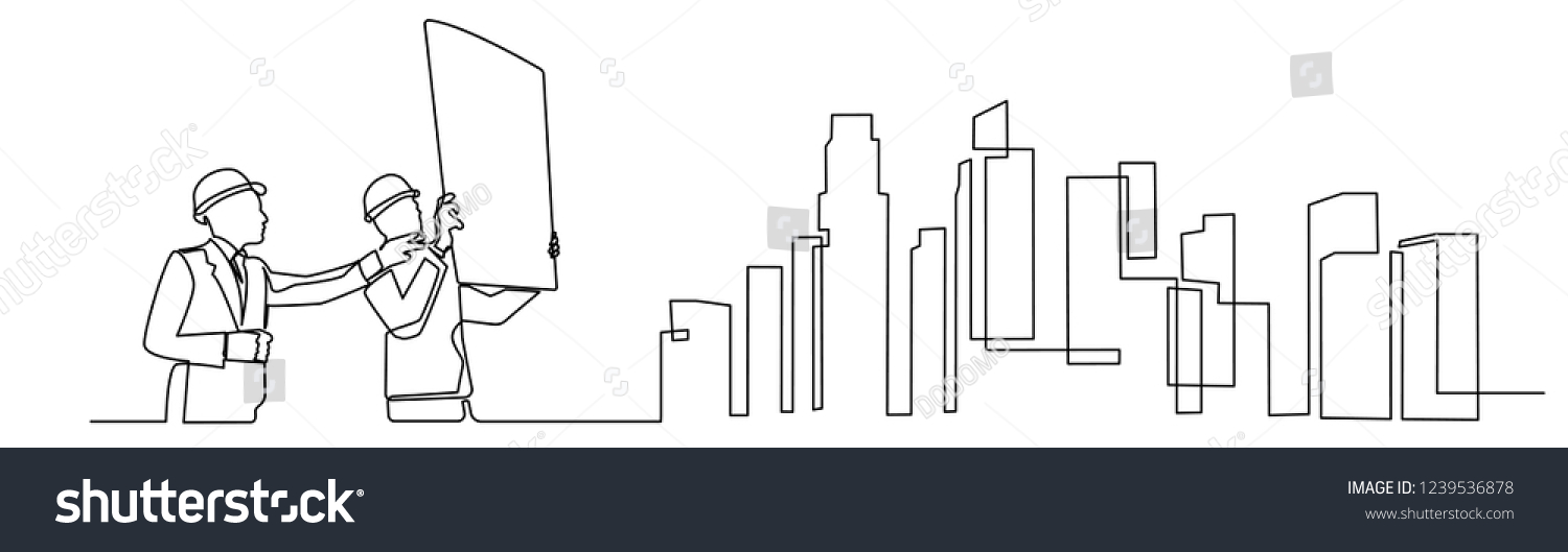 Vektor Stok Continuous Line Drawing Engineer Building Construction ...