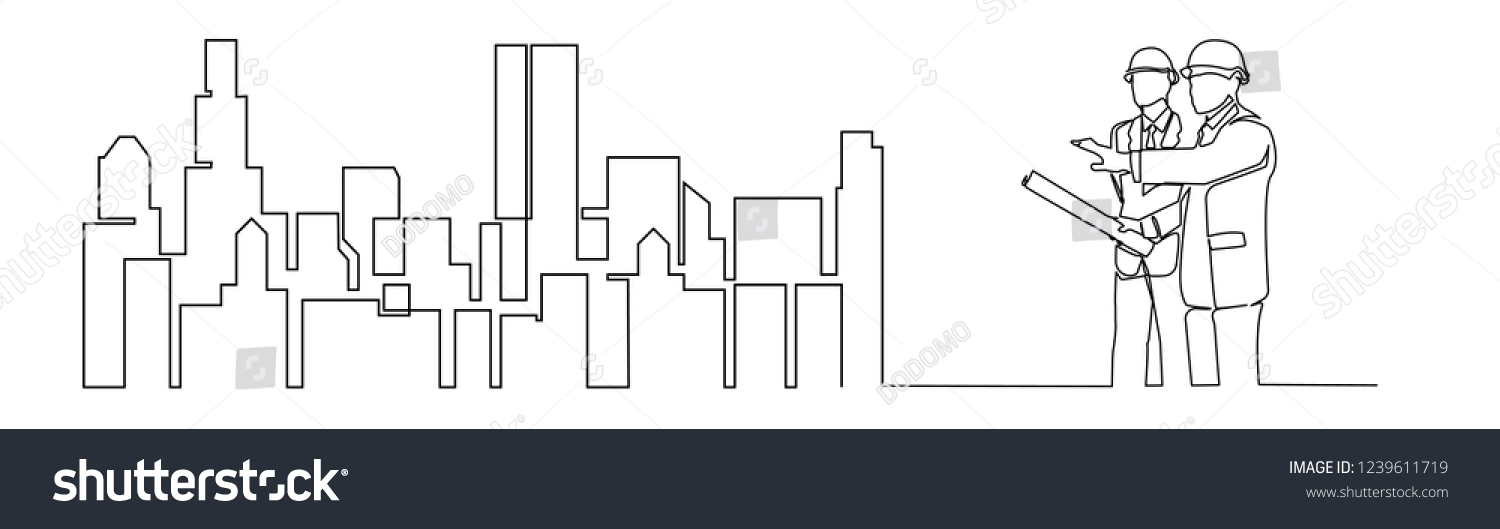 Vektor Stok Continuous Line Drawing Engineer Building Construction ...