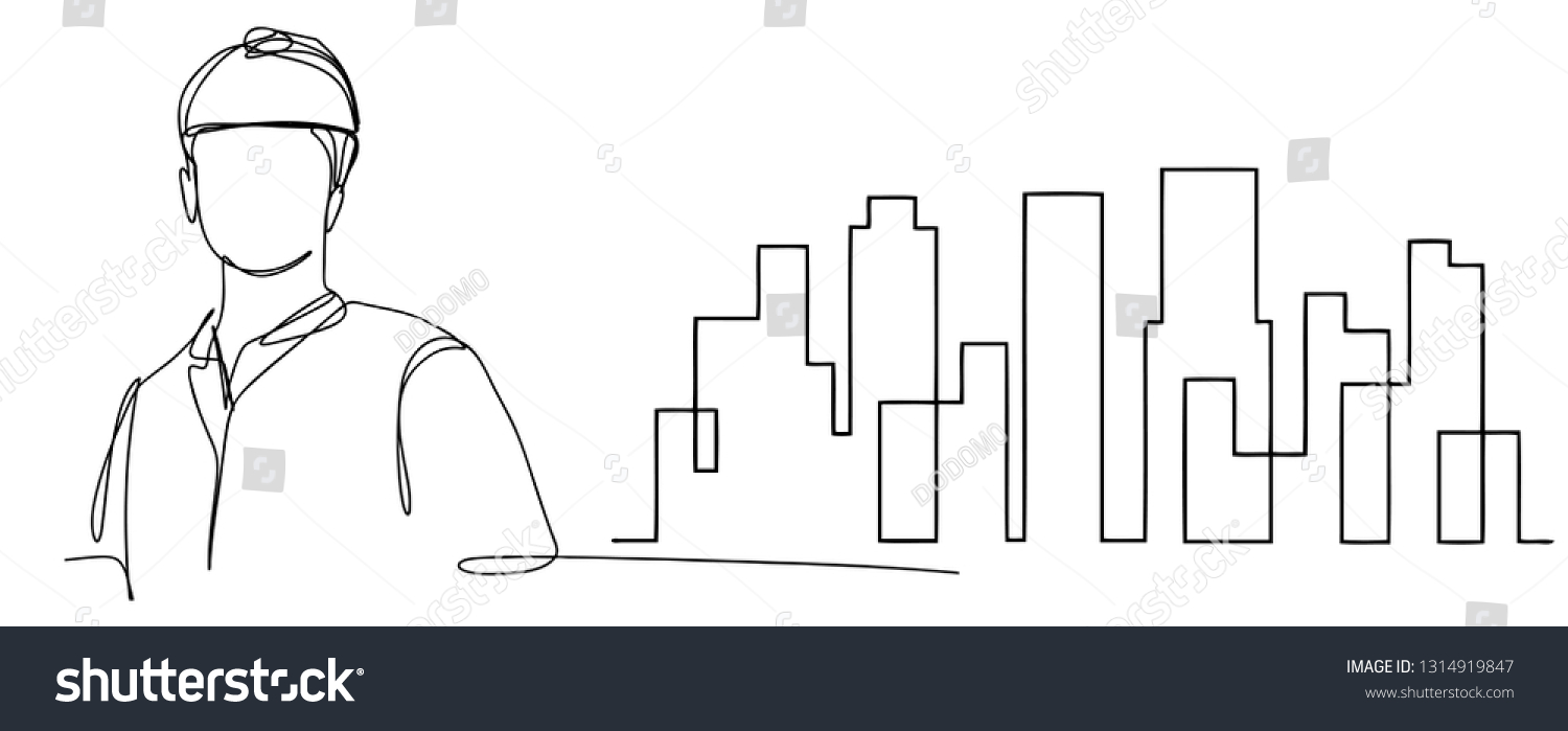 Continuous Line Drawing Engineer Building Construction Stock Vector ...