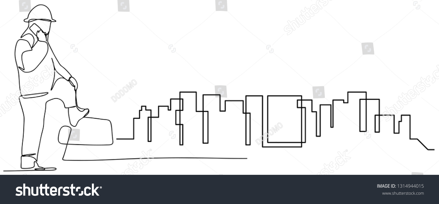Continuous Line Drawing Engineer Building Construction: เวกเตอร์สต็อก ...