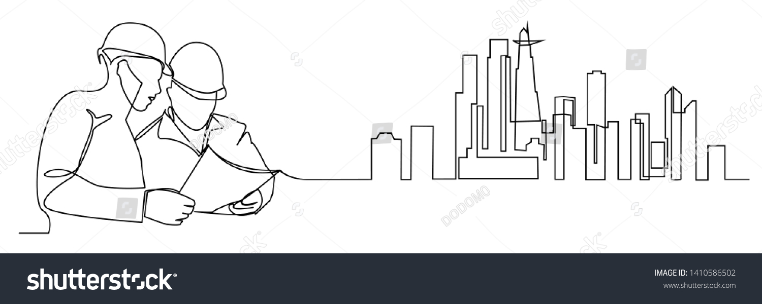 Continuous Line Drawing Engineer Building Construction Stock Vector ...