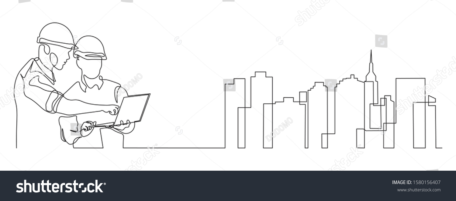 Continuous Line Drawing Engineer Building Construction: เวกเตอร์สต็อก ...