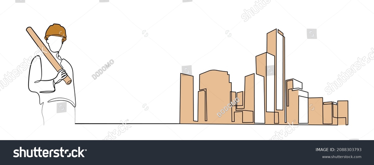 Continuous Line Drawing Engineer Building Construction Stock Vector ...