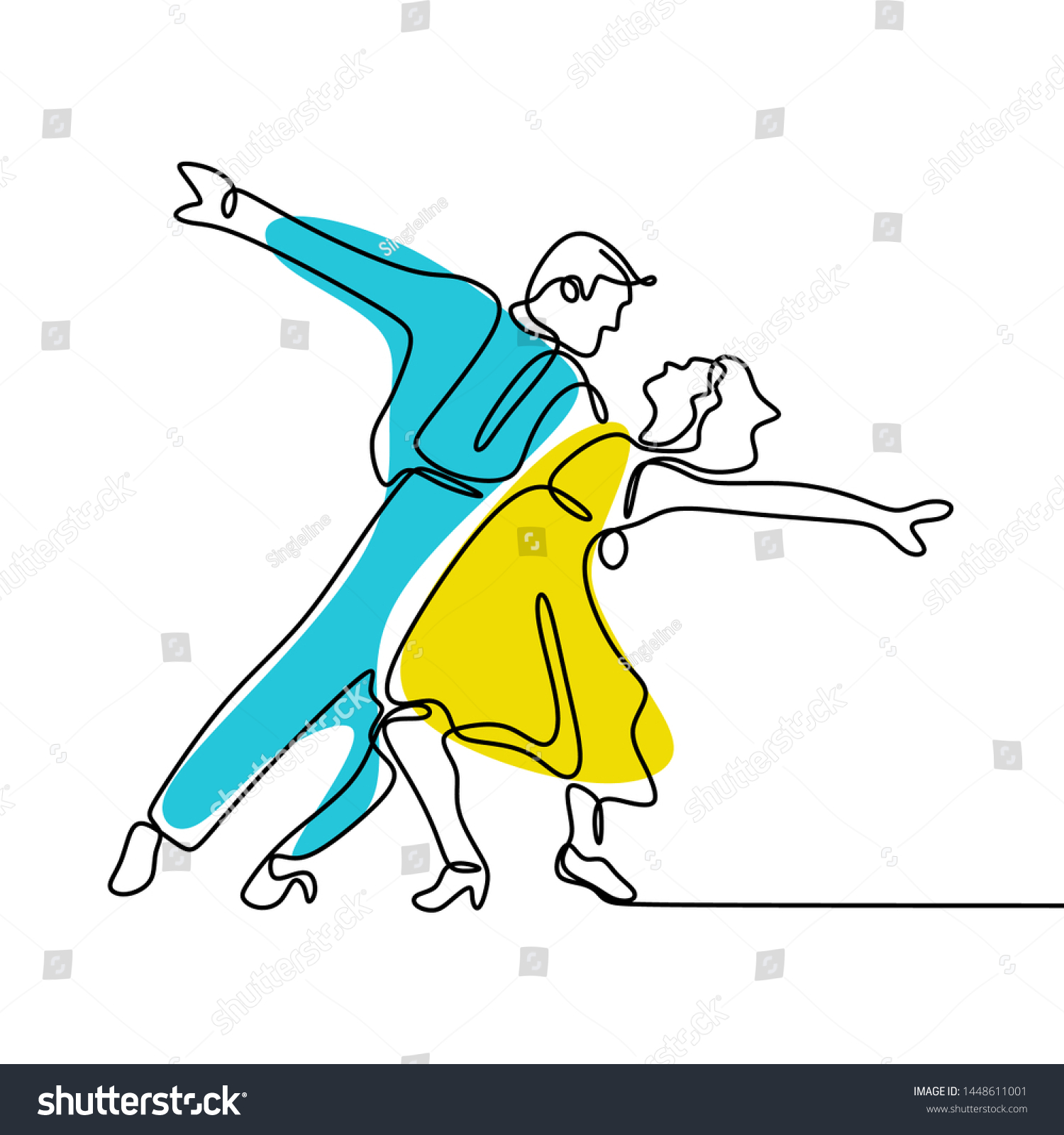 Continuous Line Drawing Man Woman Dancing 库存矢量图(免版税)1448611001