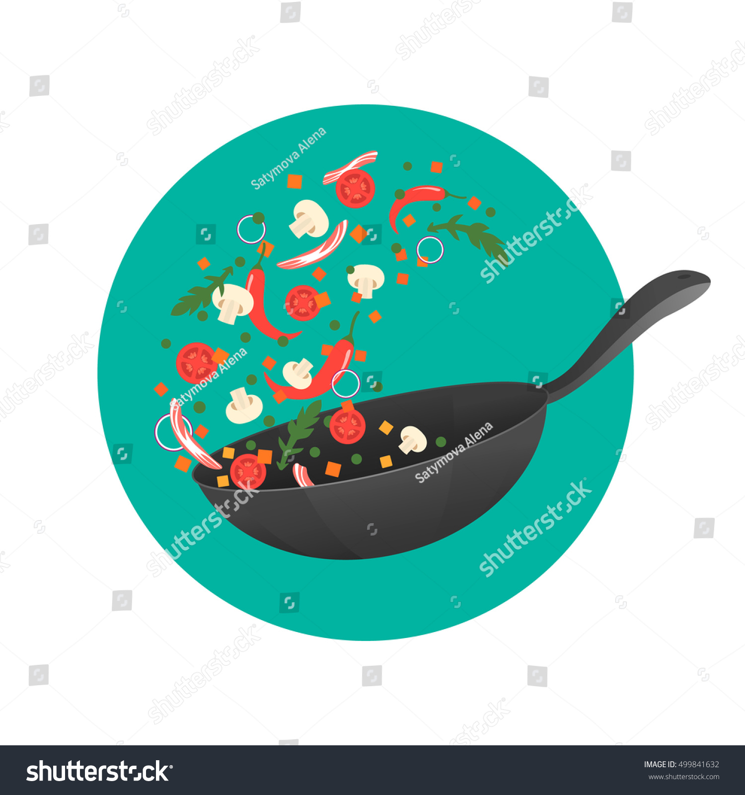 Vektor Stok Cooking Process Vector Illustration Flipping Asian Tanpa