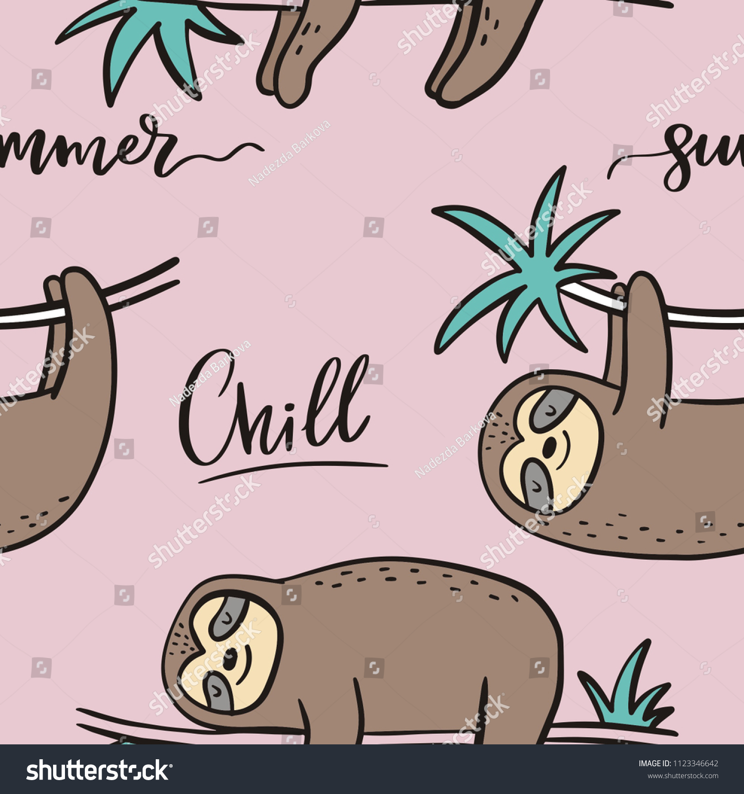 Cool Cartoon Summer Print Sloth Seamless Stock Vector (Royalty Free ...