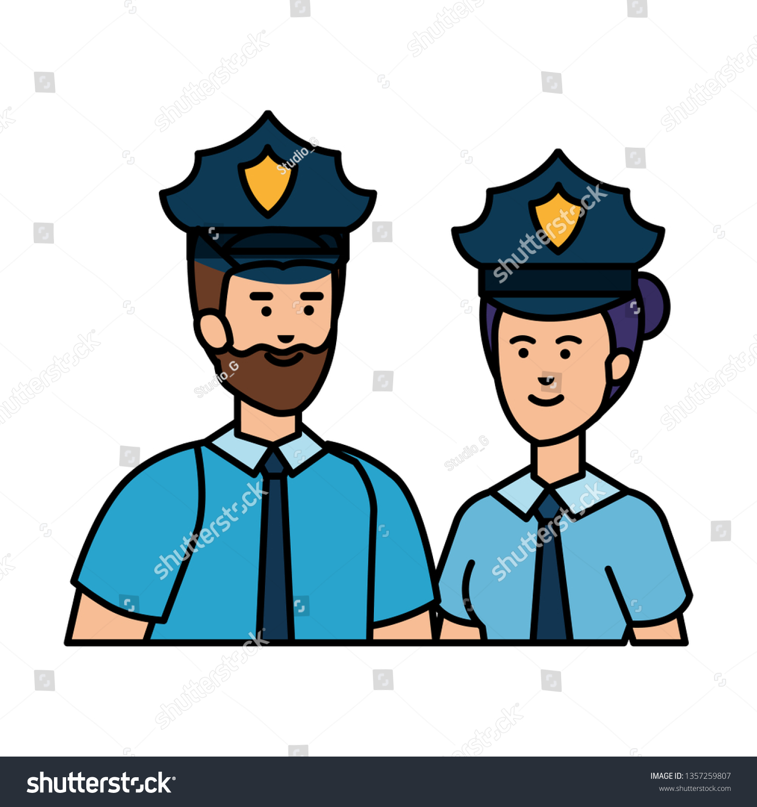 Couple Polices Officers Avatars Characters เวกเตอร์สต็อก ปลอดค่า