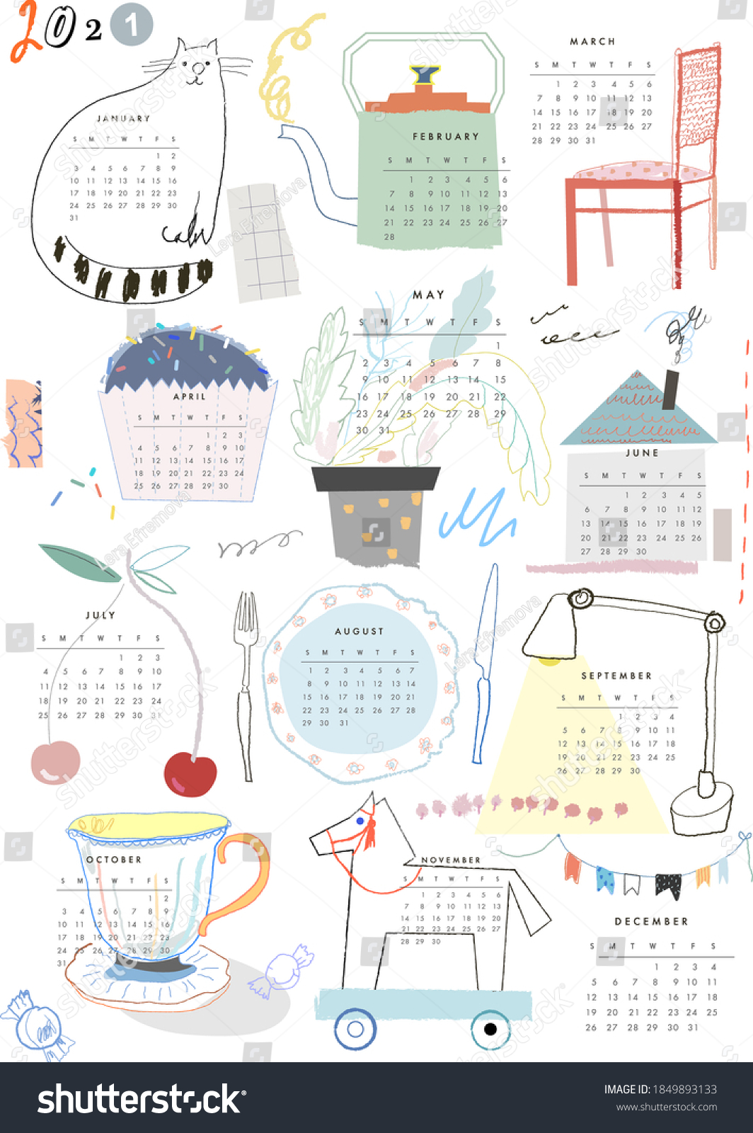 Cozy Hand Drawn Calendar 2021 Vector Stock Vector (Royalty Free ...