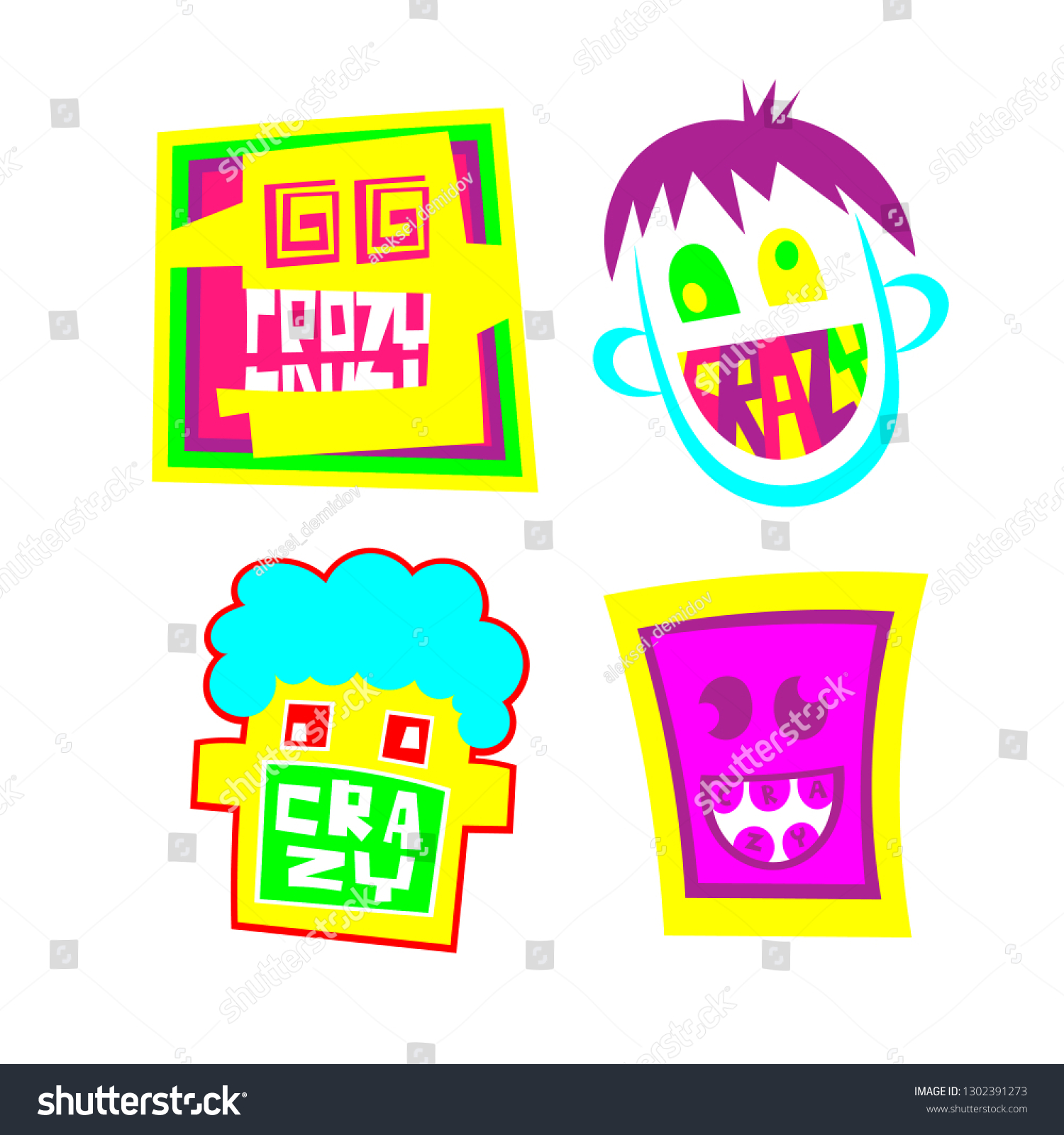 Crazy Faces Flat Cartoon Stickers Stock Vector (Royalty Free ...